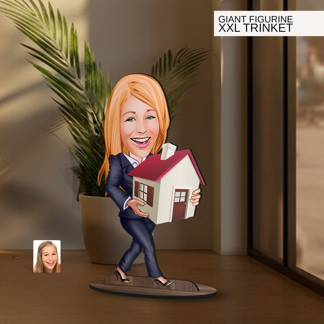 Personalized 3D Wooden Cartoon Estate Agent Oversized Figurine Trinket ...