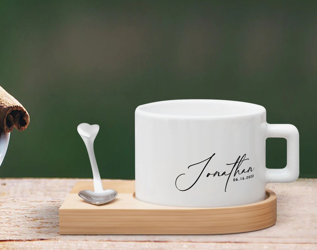 3 Pcs Personalized Coffee and Tea Cup Set With Wooden Saucer, Custom ...