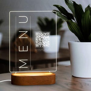 Custom LED Qr Code Menu Sign, LED Decor With Natural Wood Base ...