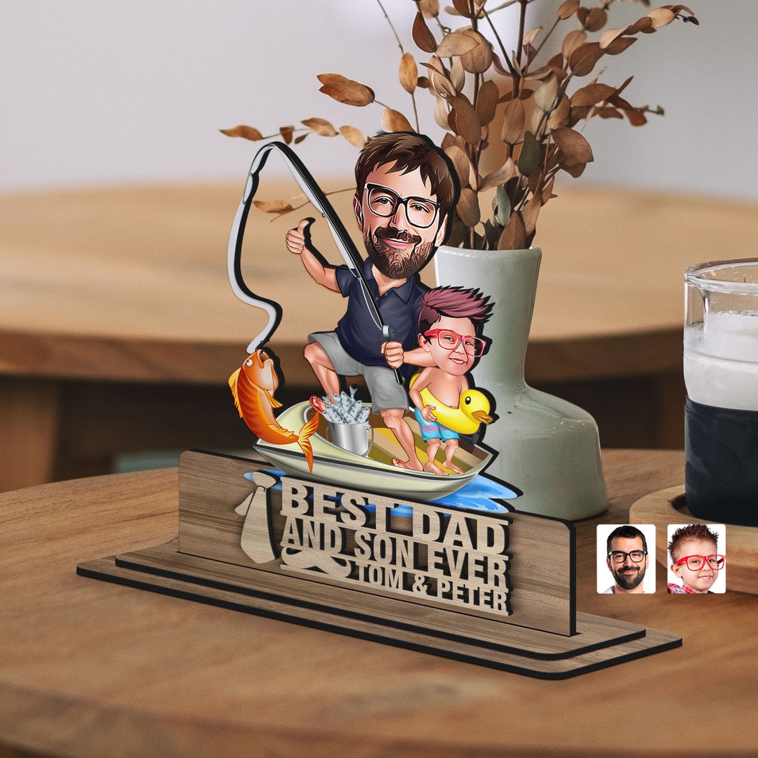 Personalized 3D Wooden Embossed Cartoon Dad and Son Figurine Trinket ...