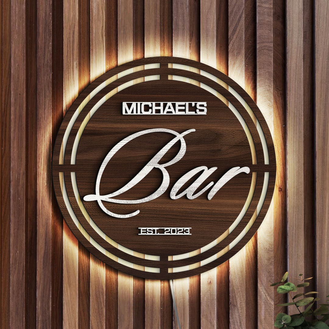 Personalized LED Light Wooden Bar Sign, Custom Embossed Round Wood Bar ...