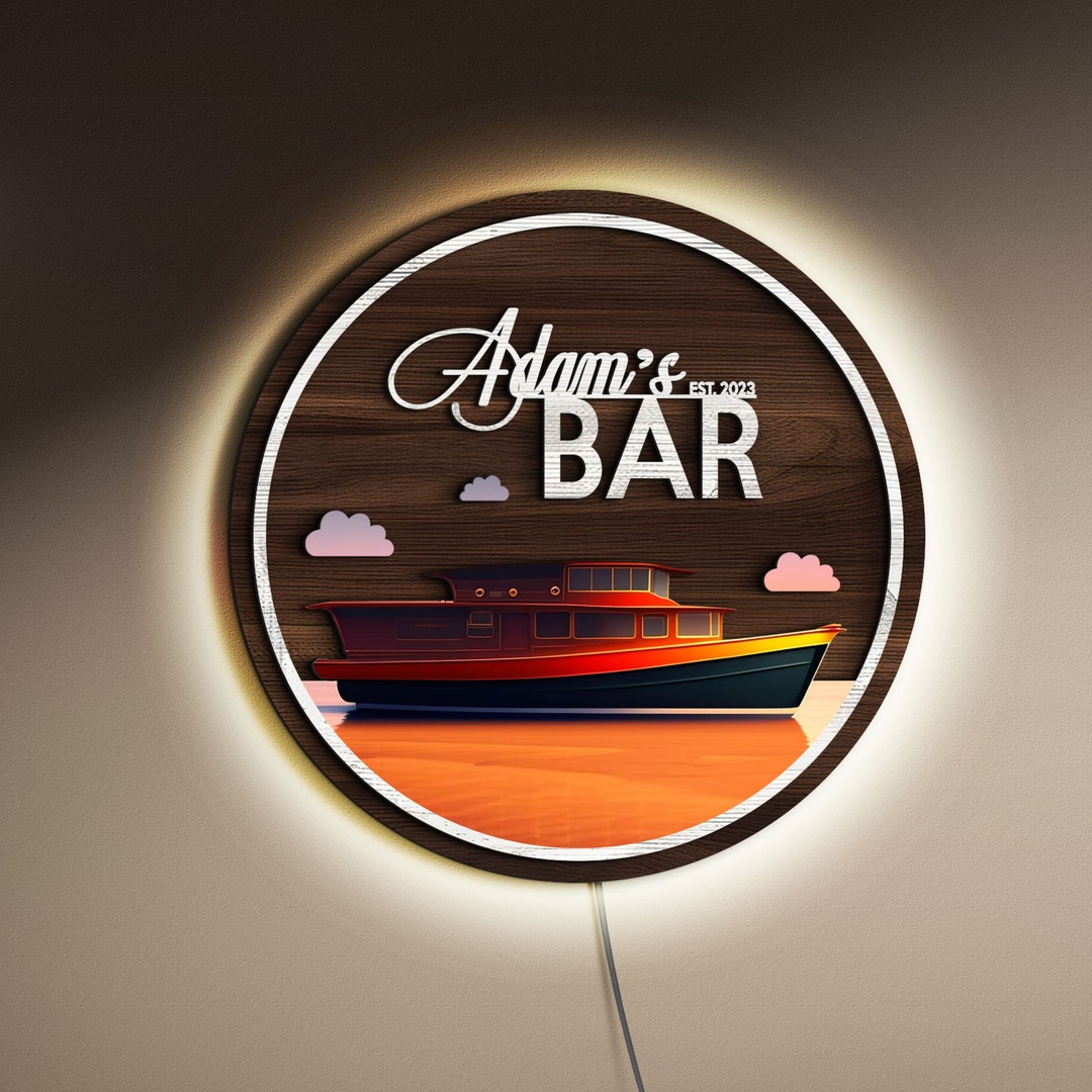 Personalized LED Light Wooden Bar Sign, Custom Embossed Round Wood Bar ...