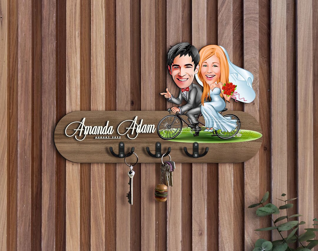 Personalized 3D Wood Entryway Organizer With Wedding Cartoon, Wooden ...