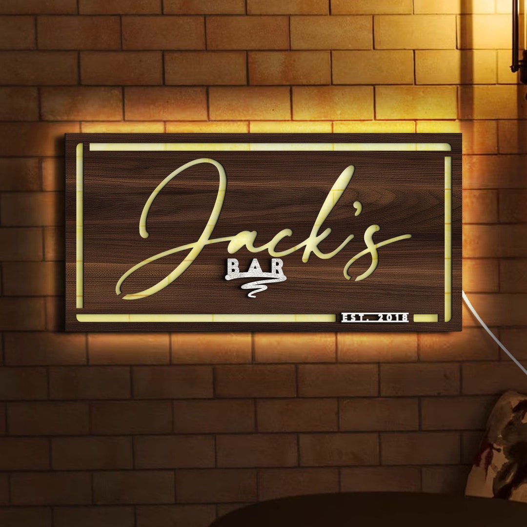 Personalized LED Light Wooden Bar Sign, Custom Embossed Wood Bar Sign ...