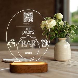 Custom LED Qr Code Menu Sign, LED Decor With Natural Wood Base ...