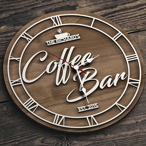 Personalized Coffee Bar Clock Sign, 3D Round Wooden Wall Clock, Custom ...