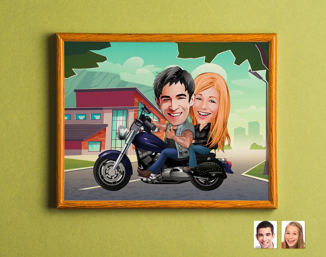 Personalized Cartoon Motorcyclist Couple Drawing, Custom Cartoon ...