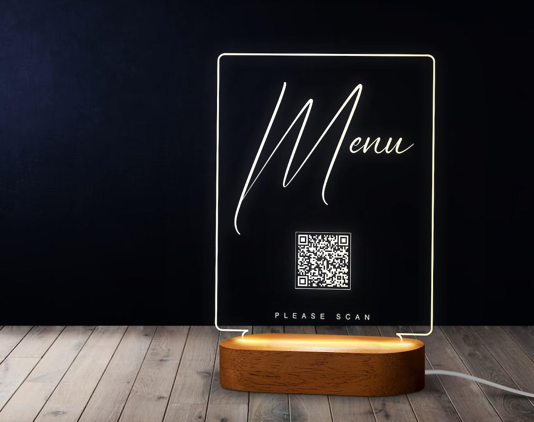 Custom LED Qr Code Menu Sign, LED Decor With Natural Wood Base ...