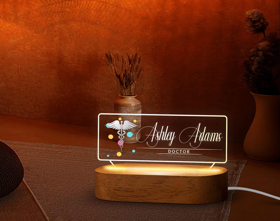 LED Light Doctor Desk Name Plate With Natural Wood Base, Personalized ...