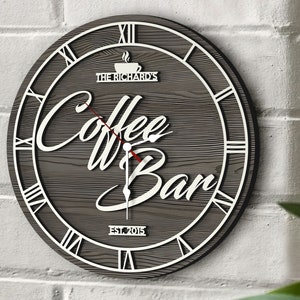 Personalized Coffee Bar Clock Sign, 3D Round Wooden Wall Clock, Custom ...