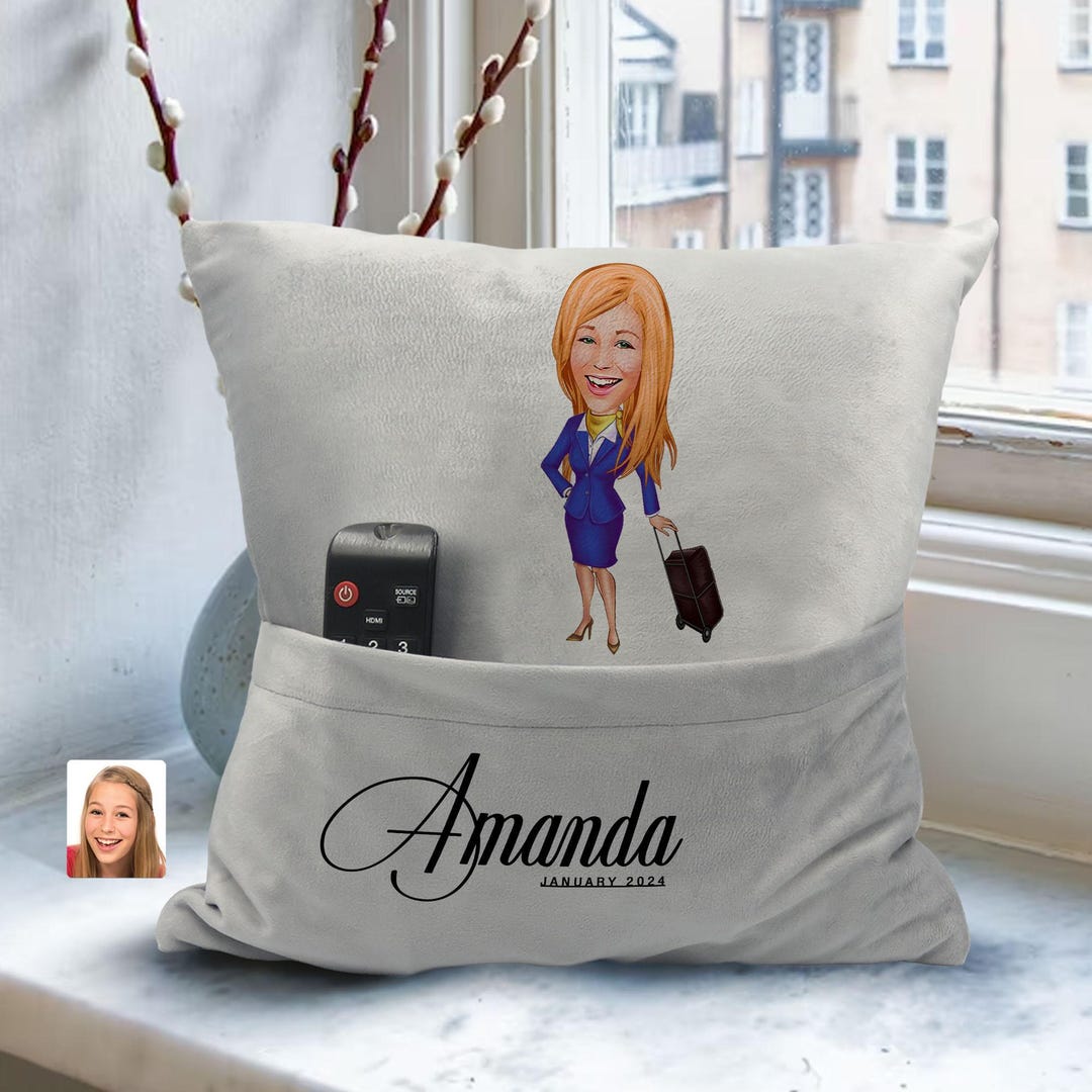 Personalized Air Hostess Cartoon Pillow With Pockets, Custom Caricature ...