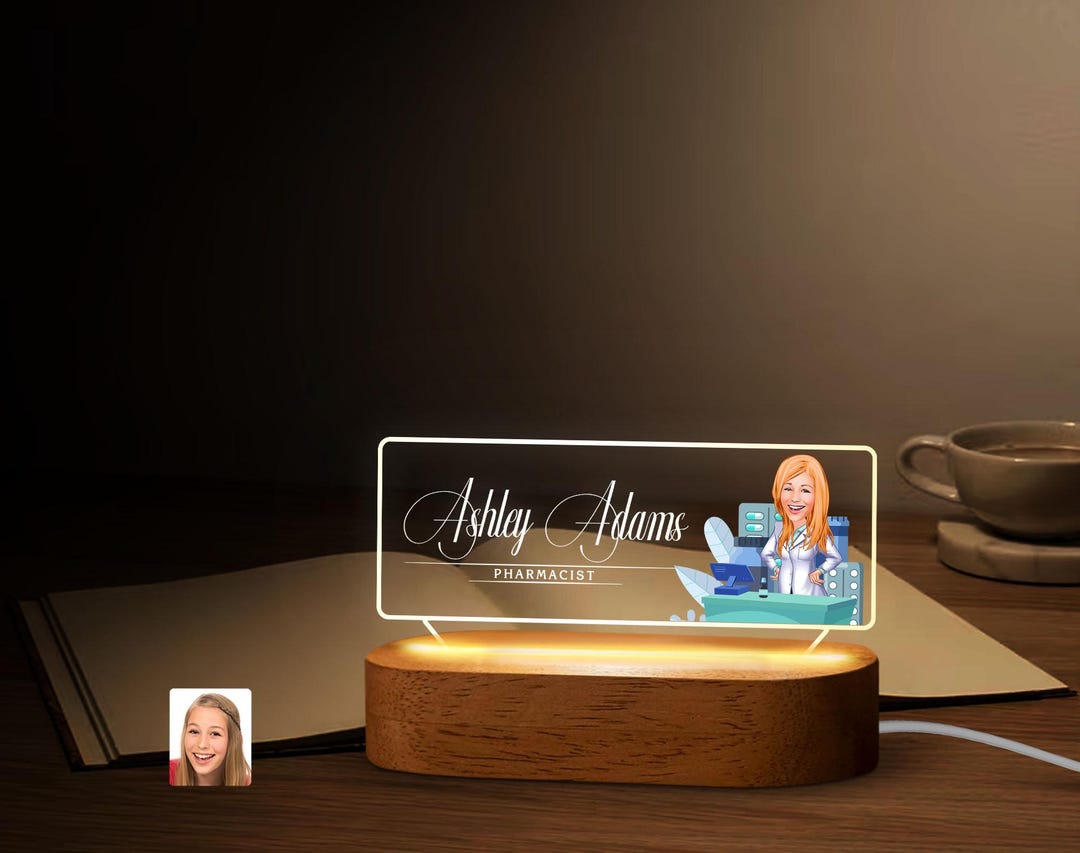 Personalized Cartoon LED Light Pharmacist Name Plate With Natural Wood ...