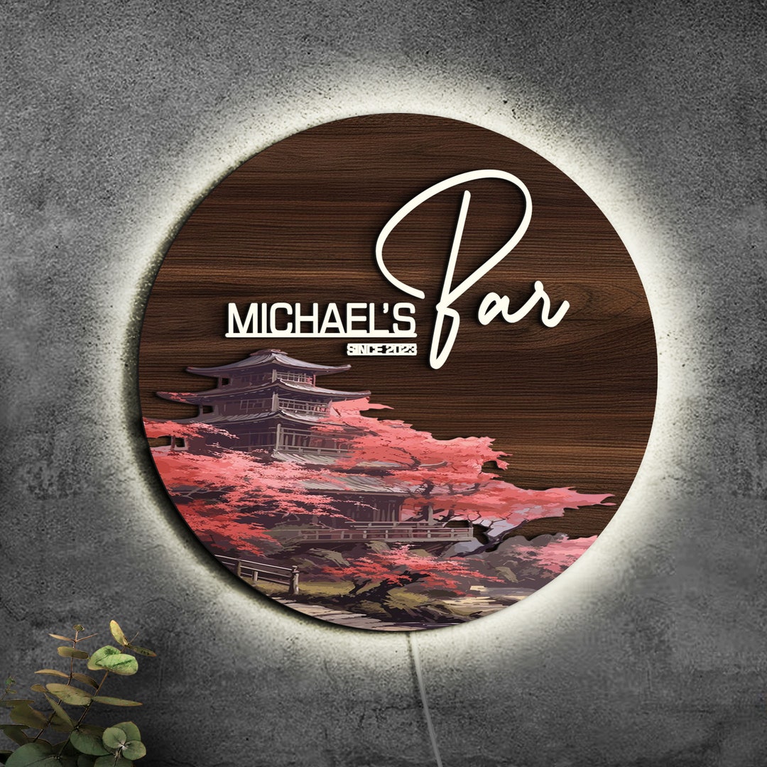 Personalized LED Light Wooden Bar Sign, Custom Embossed Round Wood Bar ...