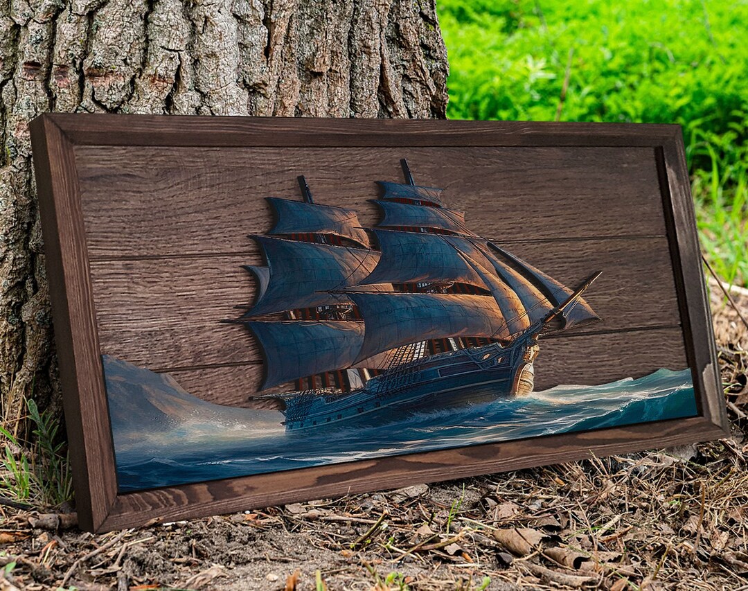 Handmade 3D Oak Tree Pirate Ship / Sailboat Wood Painting, Custom Wood ...