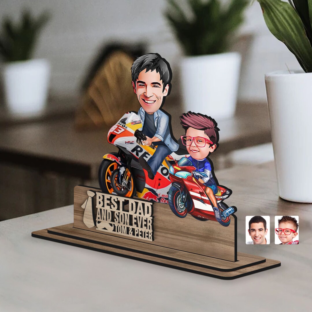 Personalized 3D Wooden Embossed Cartoon Dad and Son Figurine Trinket ...