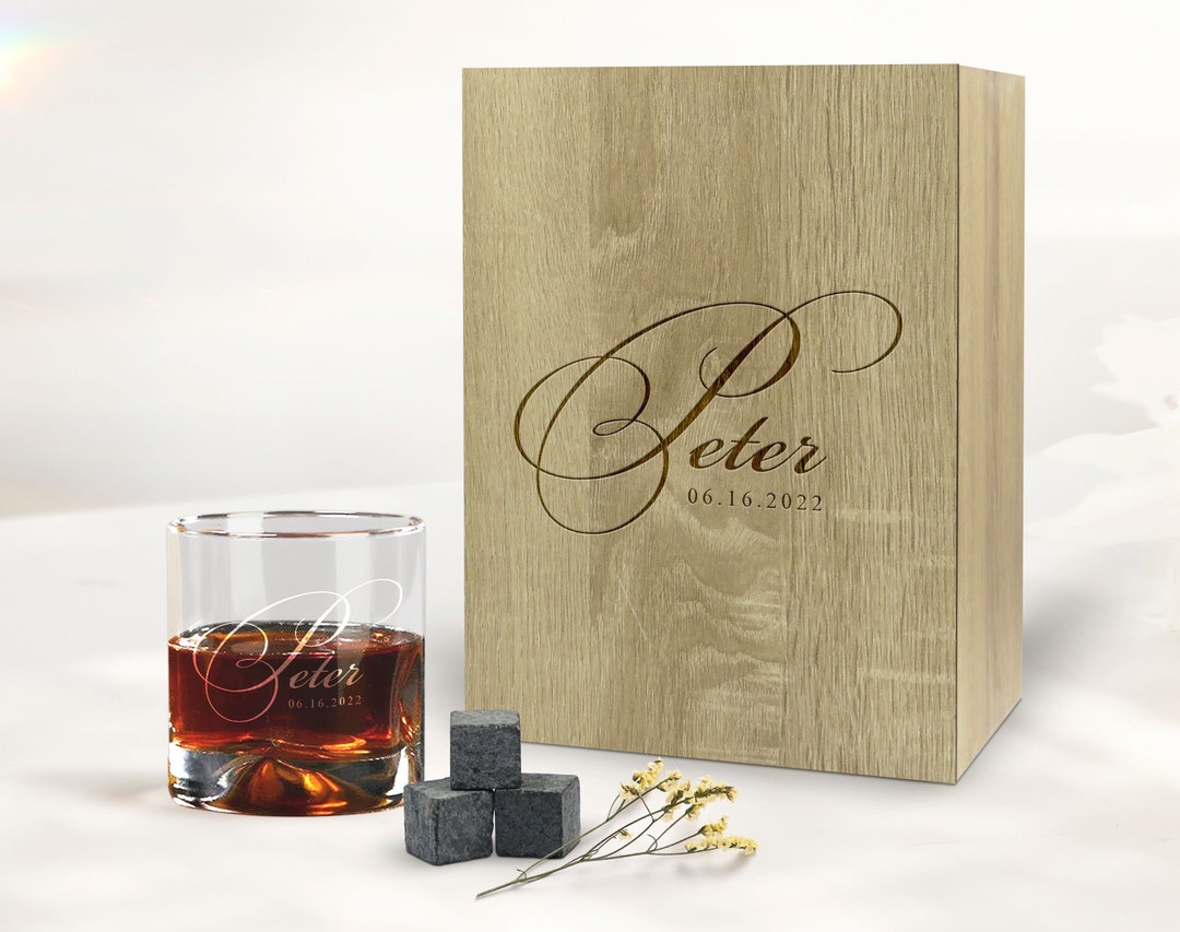 Personalized Wooden Boxed Whiskey Glass and Whiskey Stones Set, VIP ...