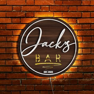 Personalized LED Light Wooden Bar Sign, Custom Embossed Round Wood Bar ...