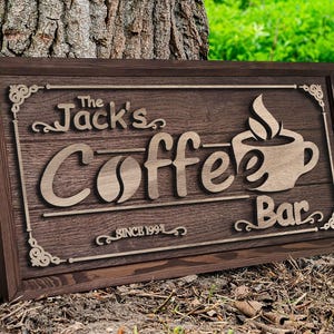 Personalized Handmade Oak Tree Coffee Shop Sign, Custom Wood Coffee Bar ...