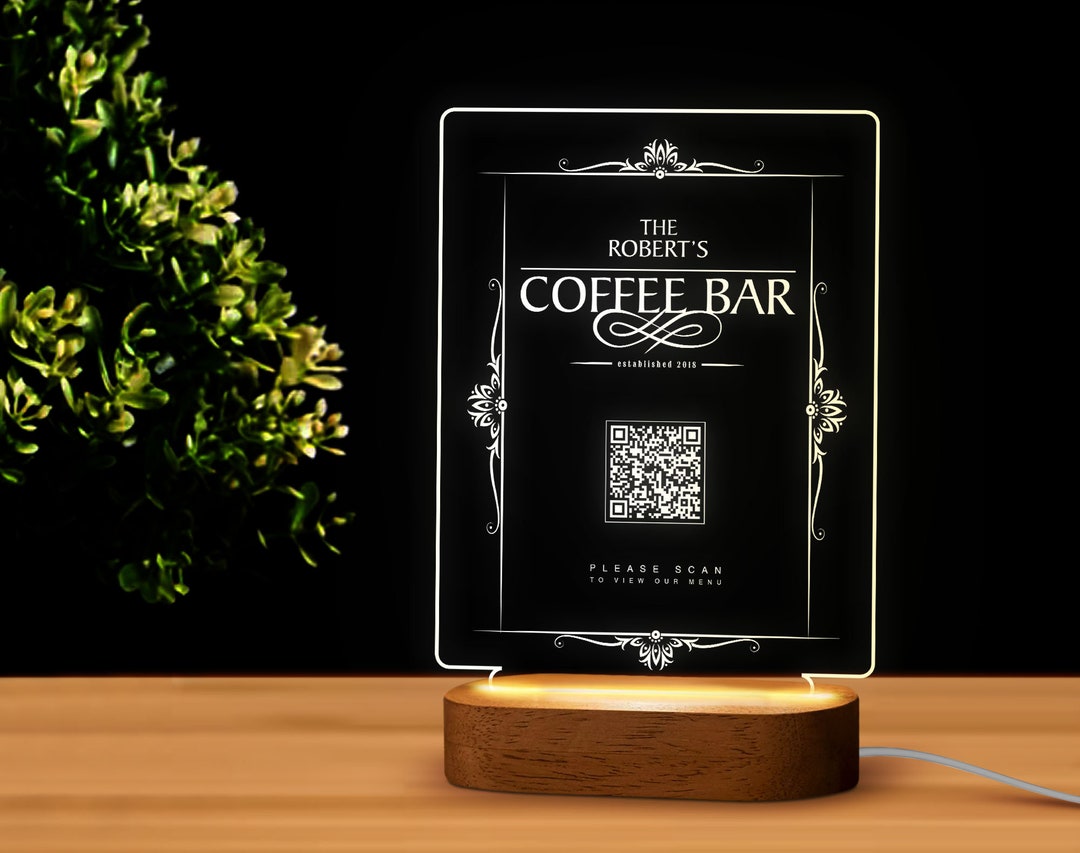 Custom LED Qr Code Menu Sign, LED Decor With Natural Wood Base ...