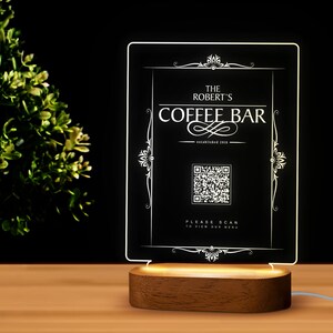 Custom LED Qr Code Menu Sign, LED Decor With Natural Wood Base ...