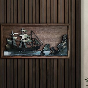 Handmade 3D Oak Tree Pirate Ship / Sailboat Wood Painting, Custom Wood ...