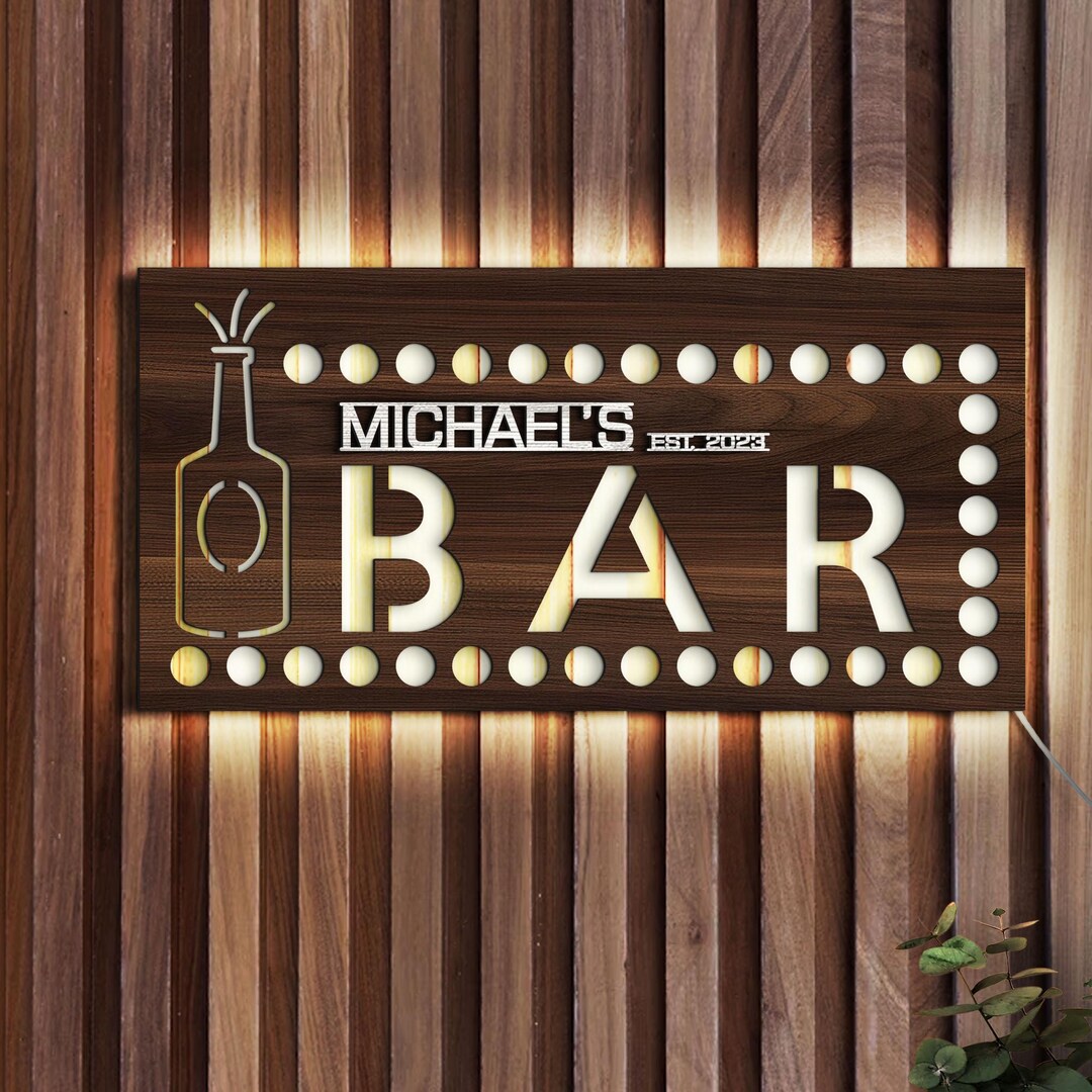 Personalized LED Light Wooden Bar Sign, Custom Embossed Wood Bar Sign ...