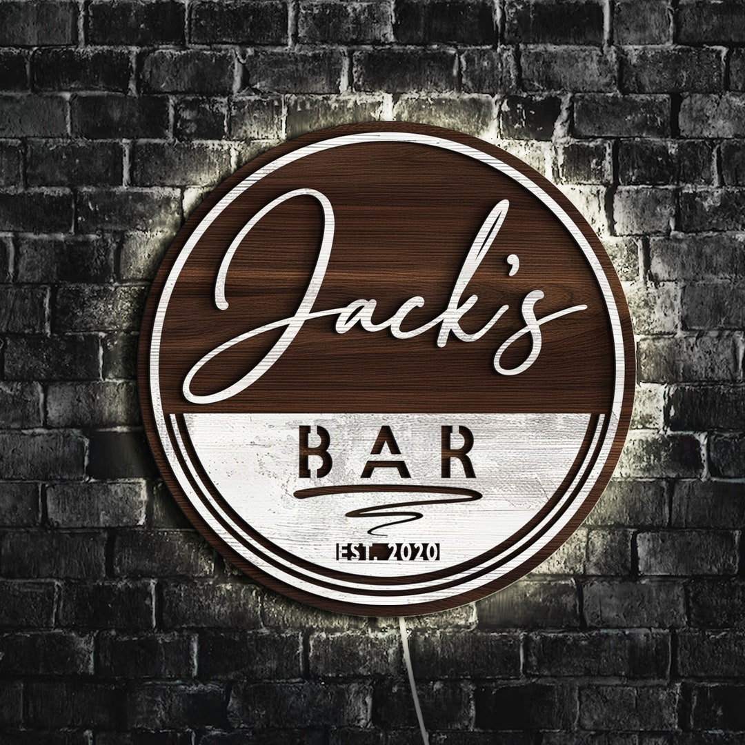 Personalized LED Light Wooden Bar Sign, Custom Embossed Round Wood Bar ...