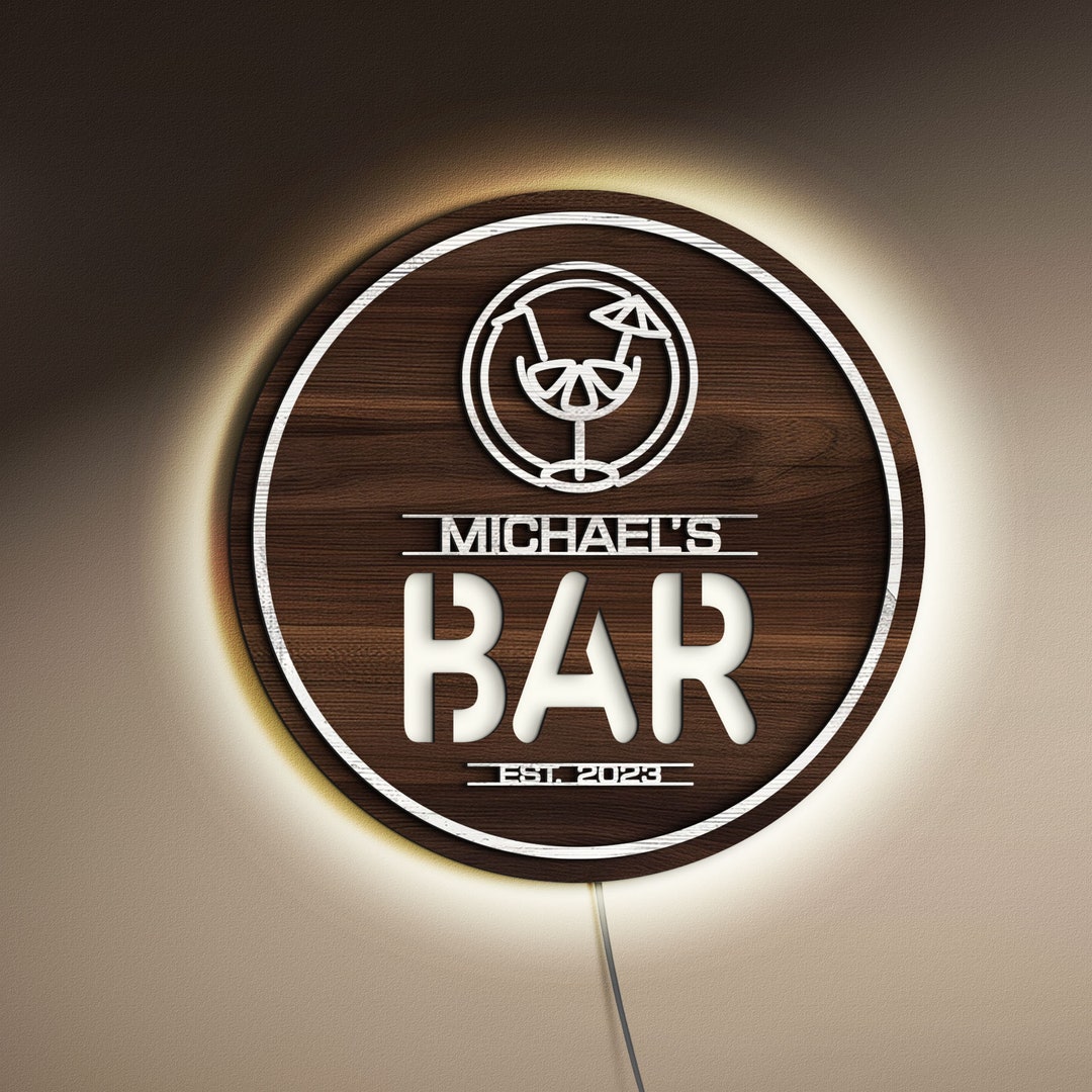 Personalized LED Light Wooden Bar Sign, Custom Embossed Round Wood Bar ...