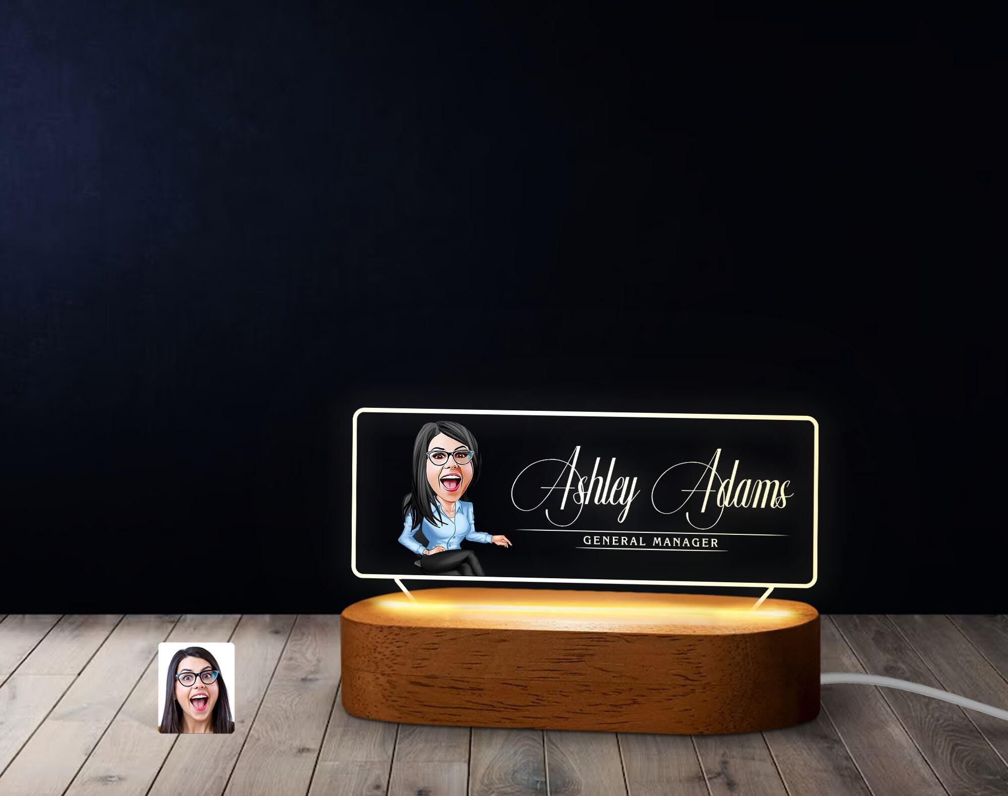 Personalized Cartoon LED Light Manager CEO Name Plate With Natural Wood ...