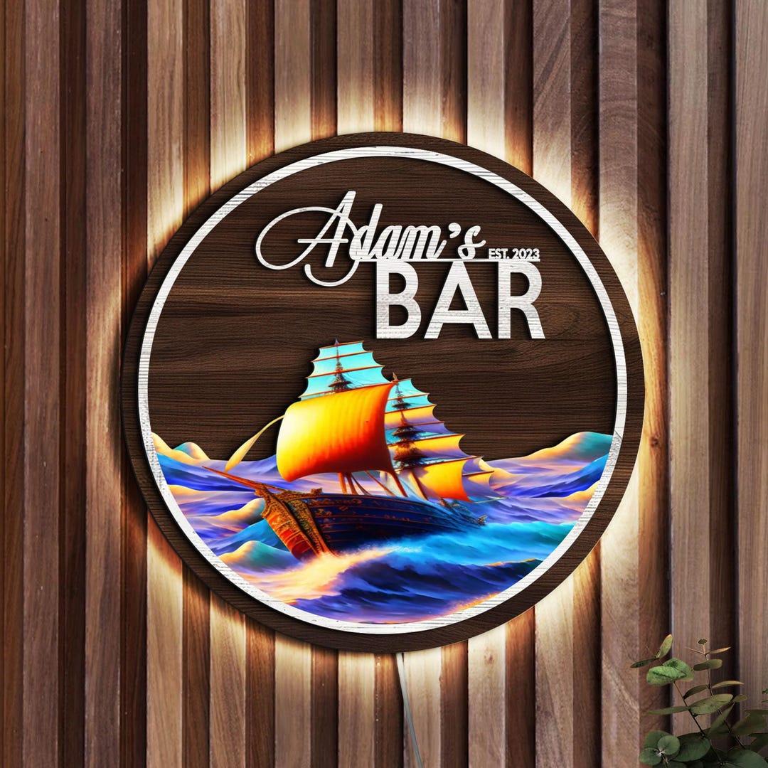 Personalized LED Light Wooden Bar Sign, Custom Embossed Round Wood Bar ...