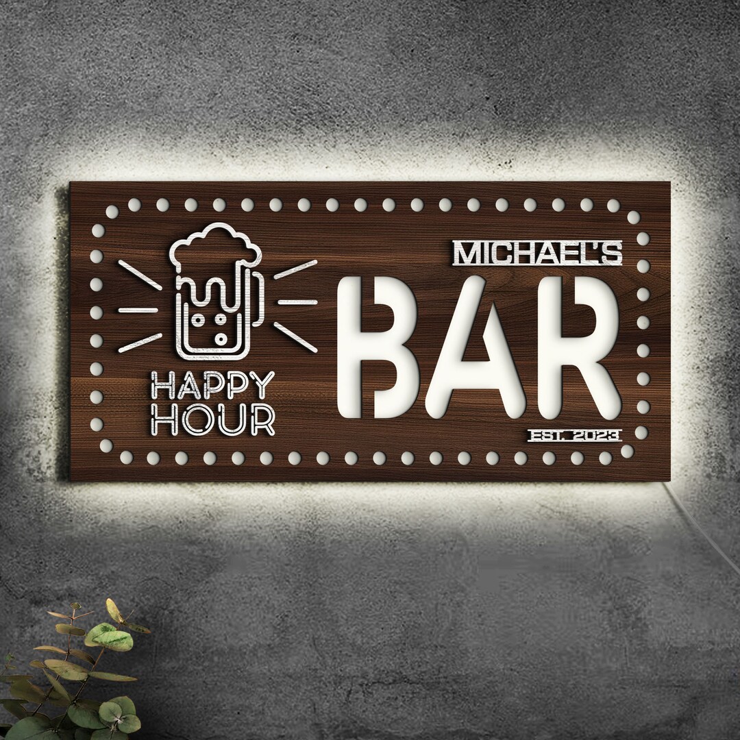 Personalized LED Light Wooden Bar Sign, Custom Embossed Wood Bar Sign ...