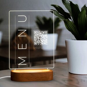 Custom LED Qr Code Menu Sign, LED Decor With Natural Wood Base ...