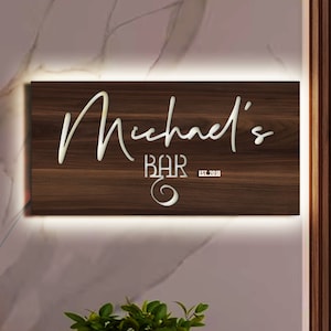 Personalized LED Light Wooden Bar Sign, Custom Embossed Wood Bar Sign ...
