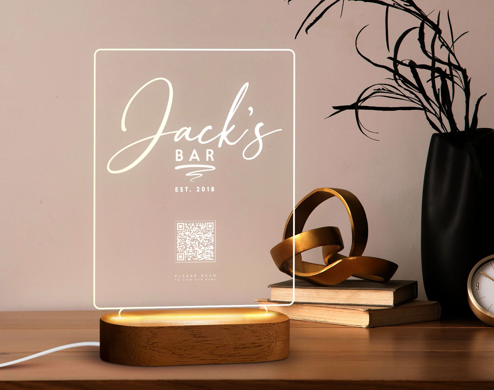 Custom LED Qr Code Menu Sign LED Decor With Natural Wood - Etsy