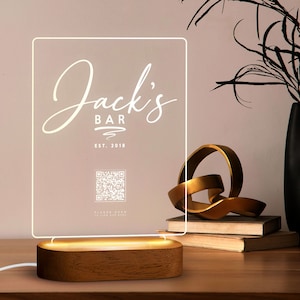Custom LED Qr Code Menu Sign, LED Decor With Natural Wood Base ...