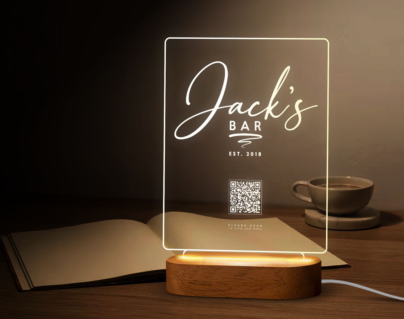 Custom LED Qr Code Menu Sign LED Decor With Natural Wood - Etsy