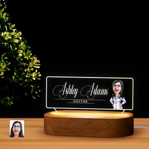Personalized Cartoon LED Light Doctor Name Plate With Natural Wood Base ...