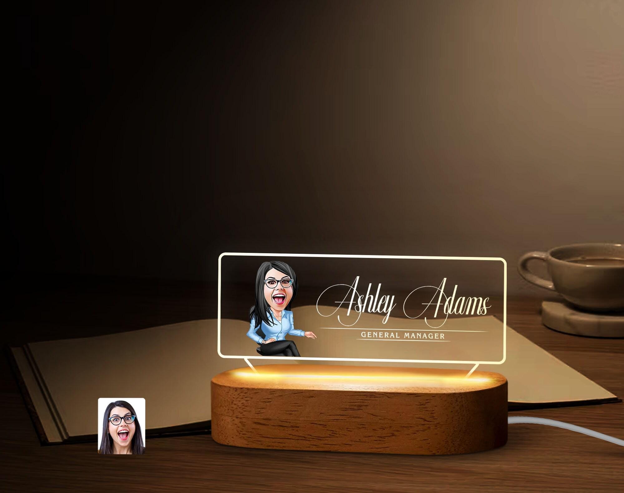 Personalized Cartoon LED Light Manager CEO Name Plate With Natural Wood ...
