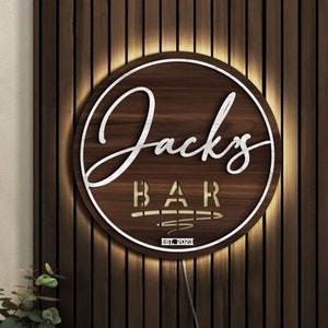 Personalized LED Light Wooden Bar Sign, Custom Embossed Round Wood Bar ...