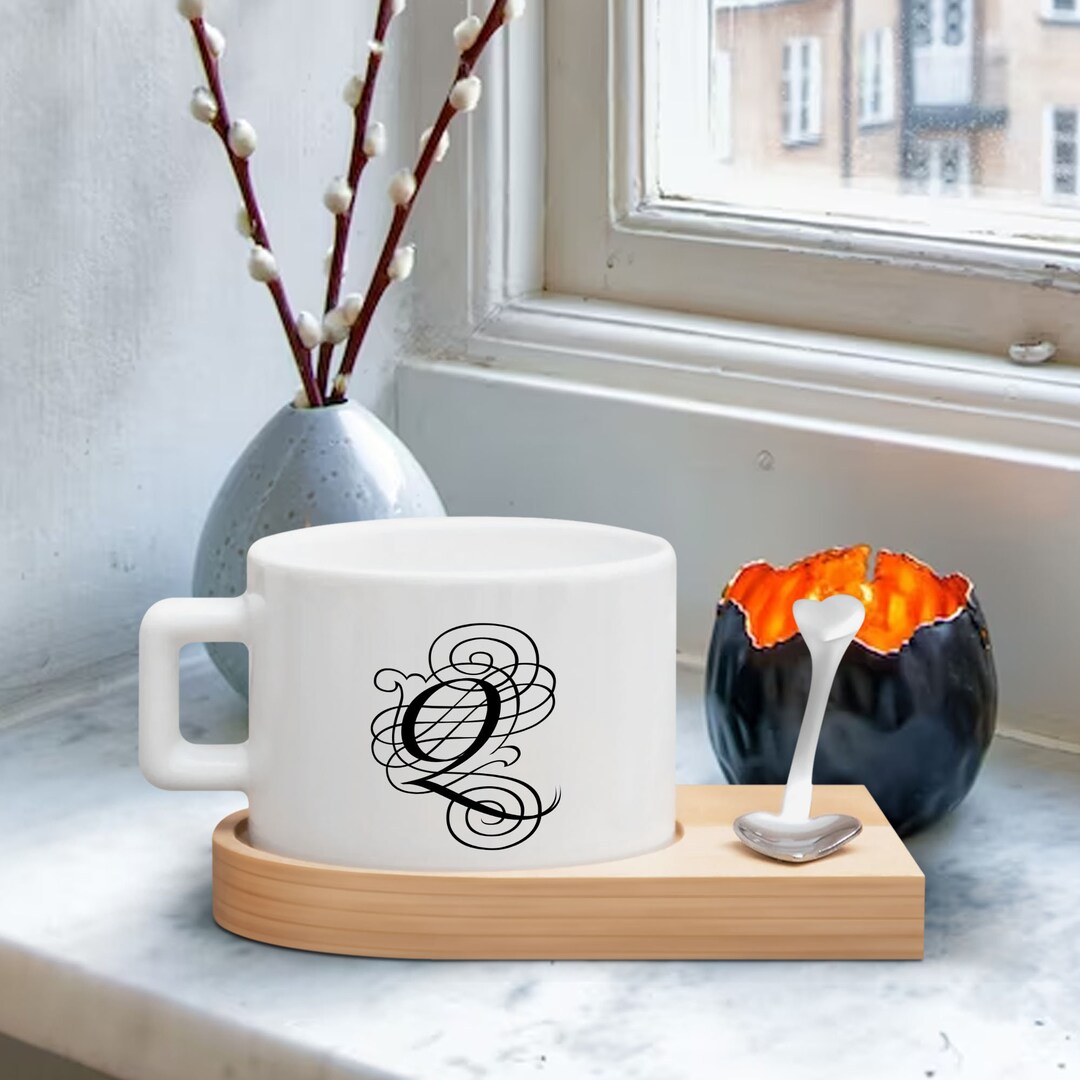 Personalized Calligraphy Letter Coffee and Tea Cup Set With Wooden ...
