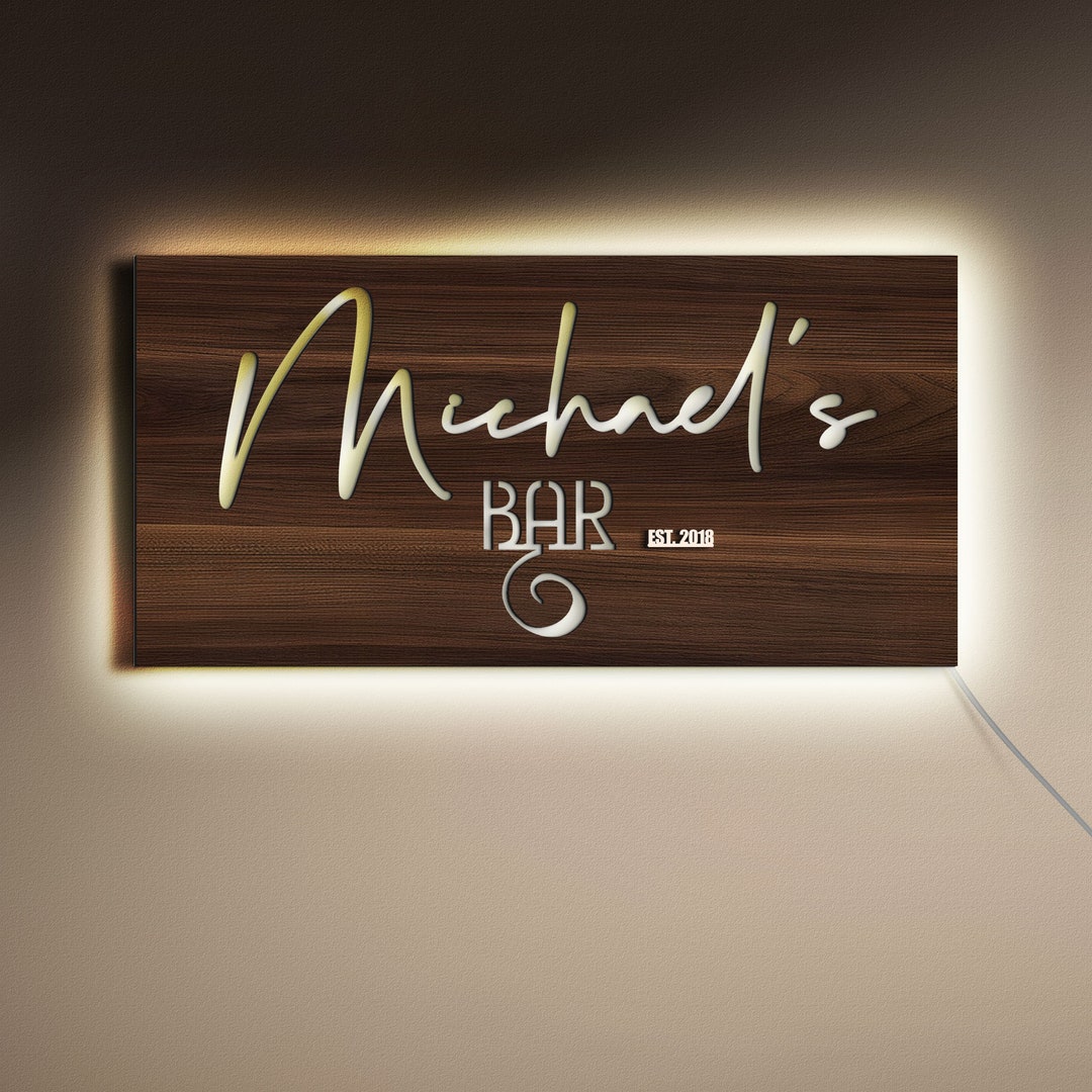 Personalized LED Light Wooden Bar Sign, Custom Embossed Wood Bar Sign ...