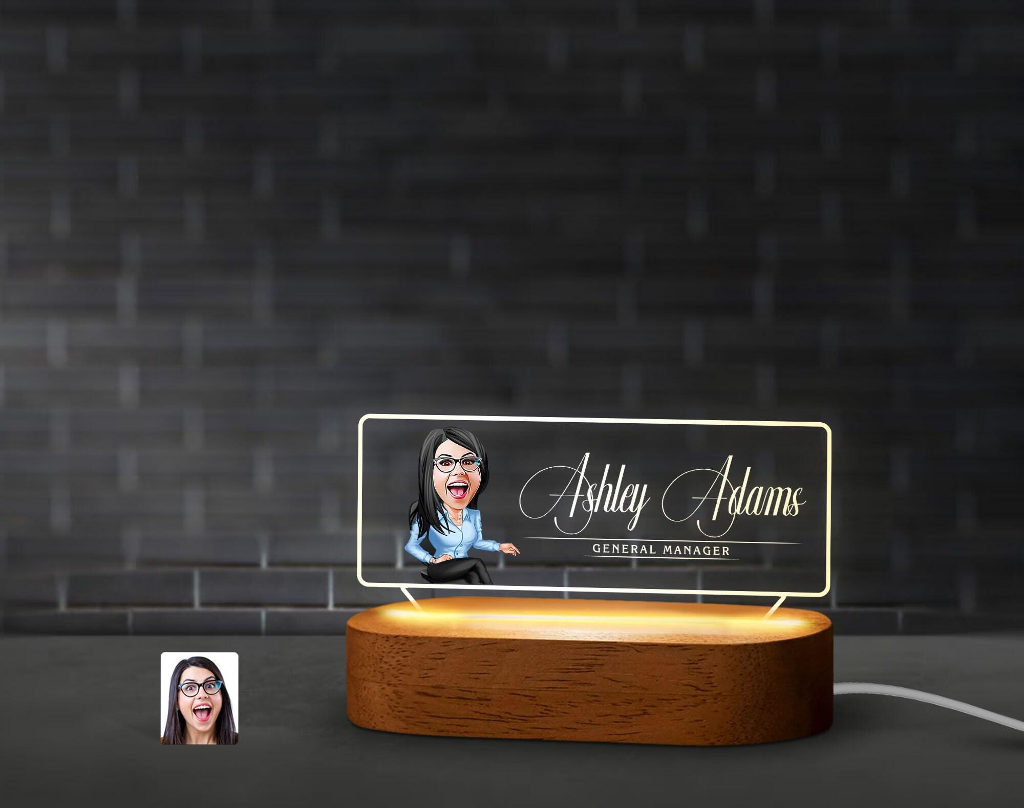 Personalized Cartoon LED Light Manager CEO Name Plate With Natural Wood ...