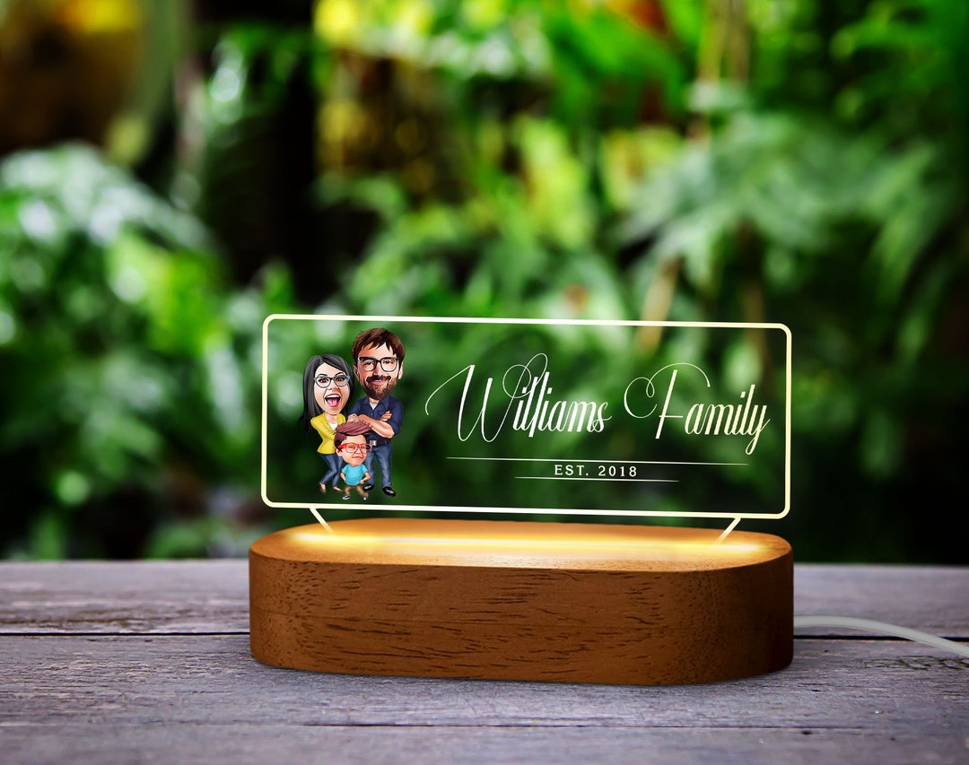 Personalized LED Light Family Cartoon With Natural Wood Base, Custom ...
