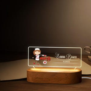 LED Light Nurse Desk Name Plate With Natural Wood Base, Personalized ...