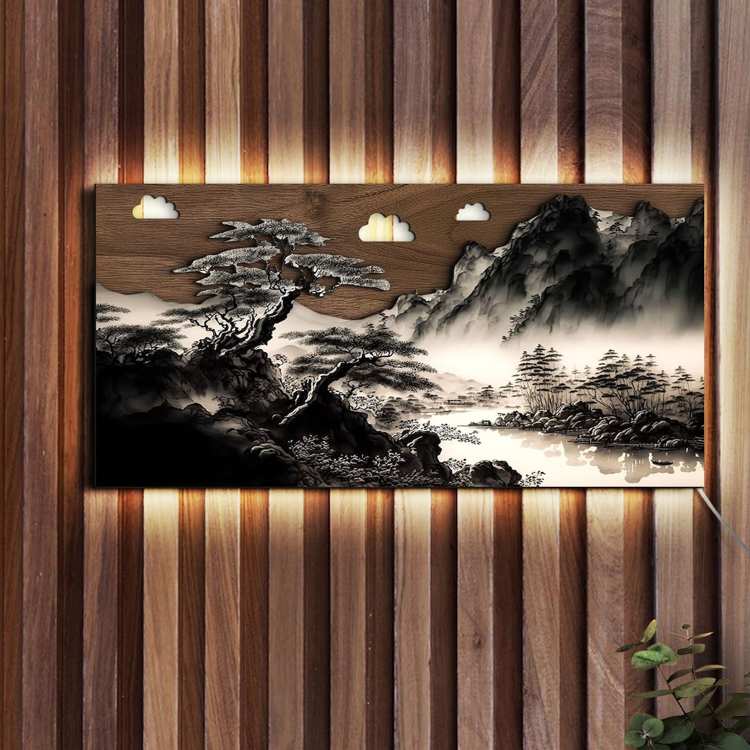 Personalized LED Light Wooden Modern Landscape Painting, Custom ...