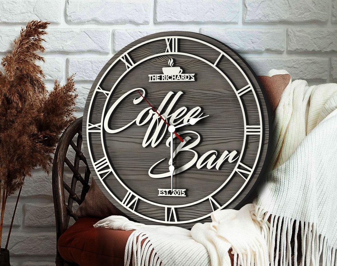 Personalized Coffee Bar Clock Sign, 3D Round Wooden Wall Clock, Custom ...