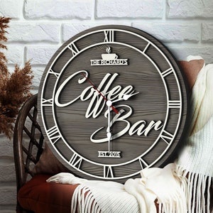 Personalized Coffee Bar Clock Sign, 3D Round Wooden Wall Clock, Custom ...