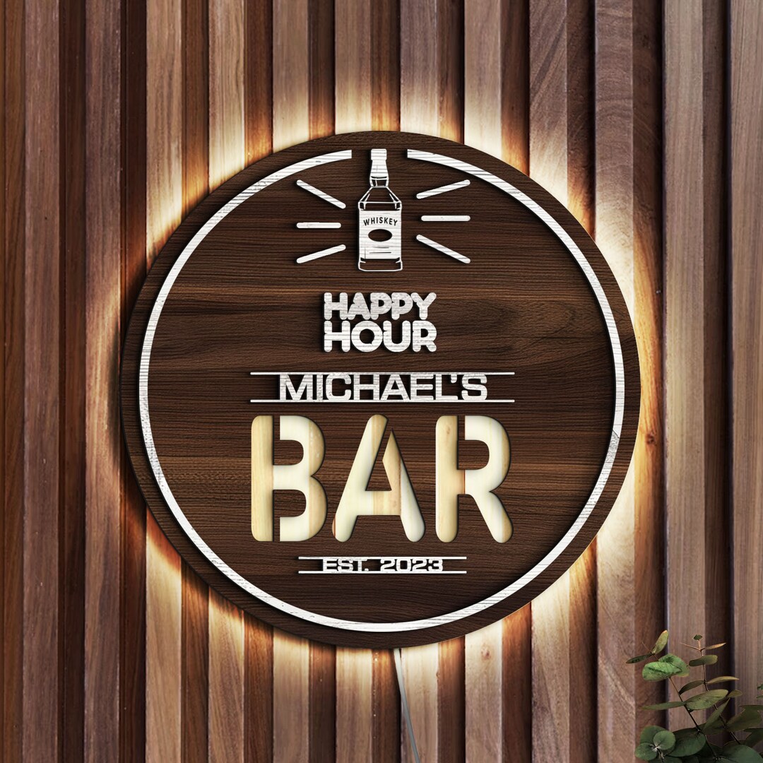 Personalized LED Light Wooden Bar Sign, Custom Embossed Round Wood Bar ...