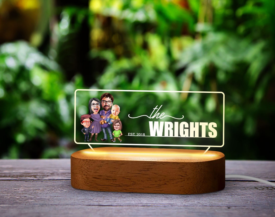 Personalized LED Light Family Cartoon With Natural Wood Base, Custom ...