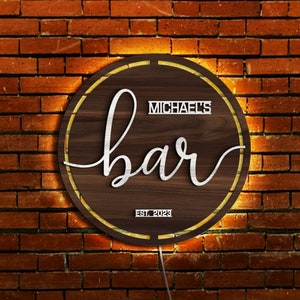Personalized LED Light Wooden Bar Sign, Custom Embossed Round Wood Bar ...